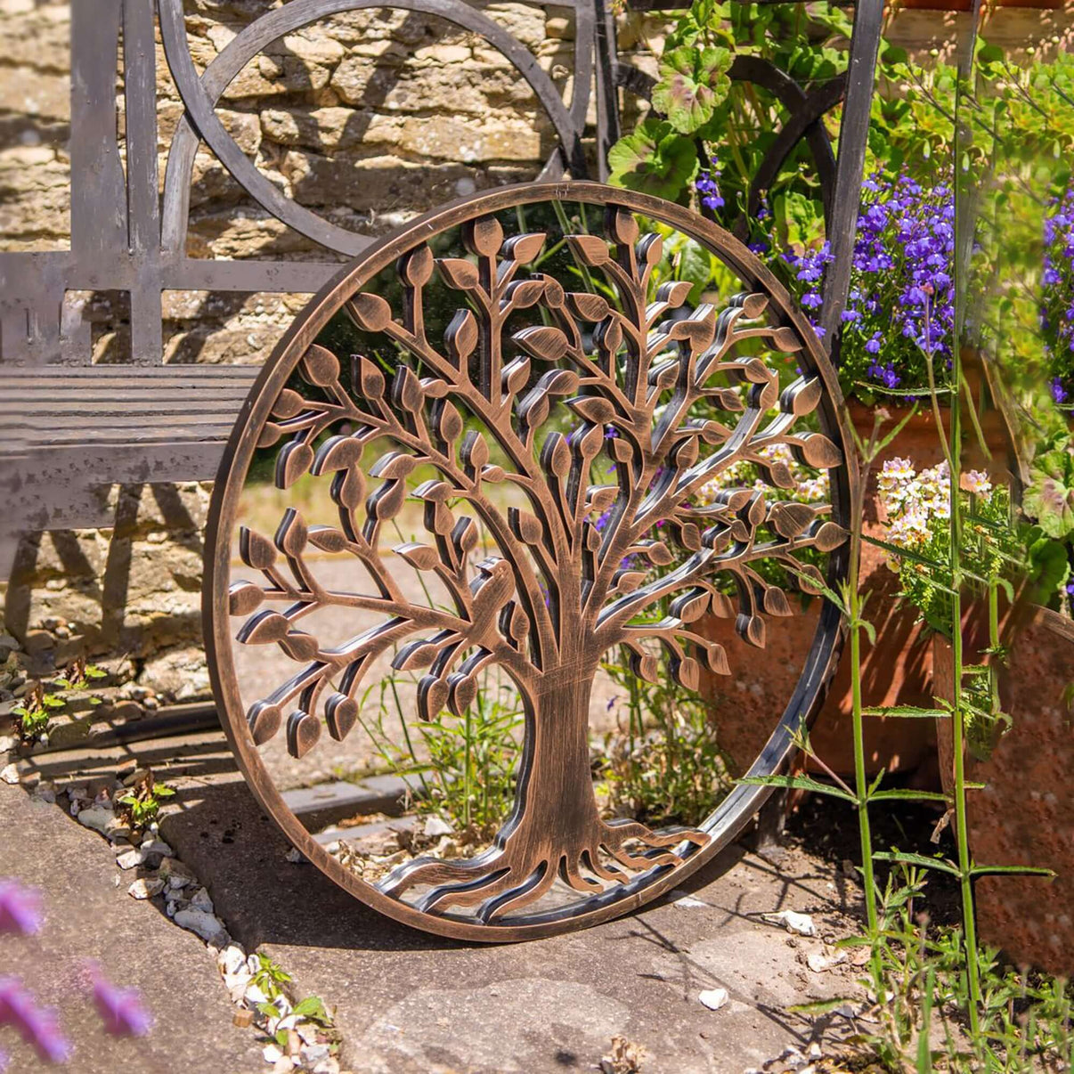 Tree of Life Outdoor Garden Wall Mirror Distressed & Robins